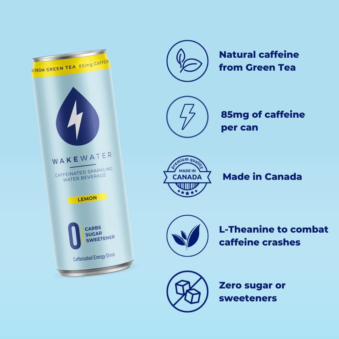 Wakewater Caffeinated Sparkling Water Beverage, Lemon Flavor, 355mL/12