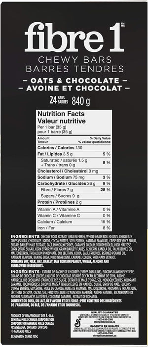Fibre 1 Chewy Oats & Chocolate Bars, 24 Bars, 840g/1.8 lbs. Box ...