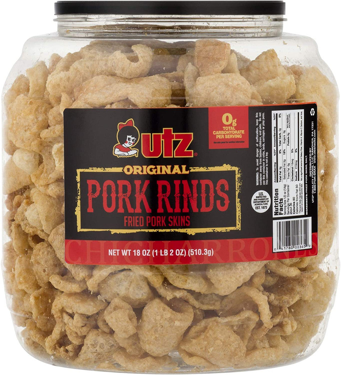 Utz Original Pork Rinds, Fried Pork Skins, 510g/17.8 oz. Tub {Imported